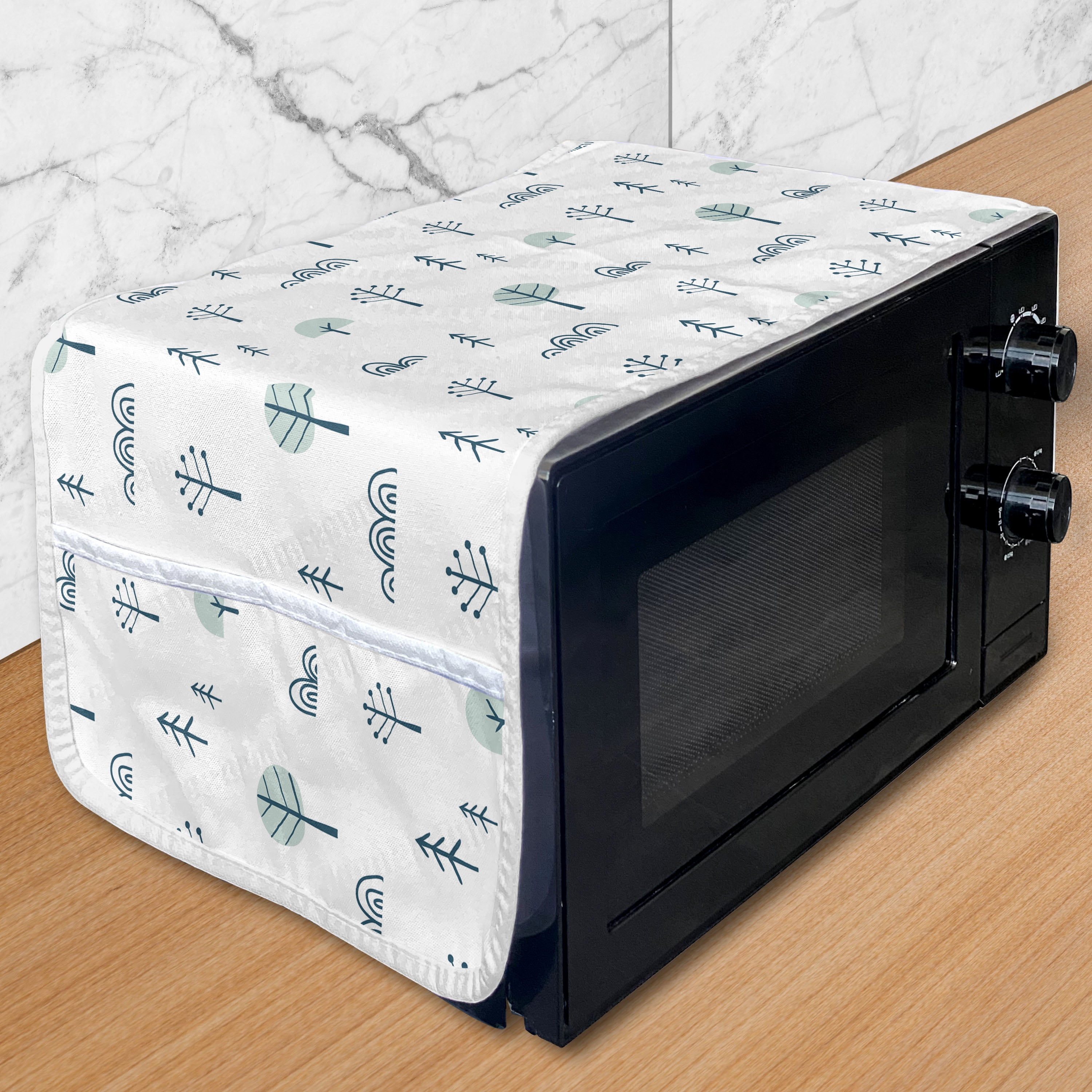 Cartoon Microwave Oven Cover, Doodle Tree Shapes Pines and Oaks Foliage ...