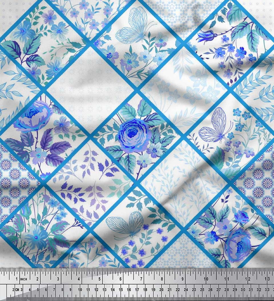 Soimoi Japan Crepe Satin Fabric Leaves,Floral & Check Patchwork Print ...