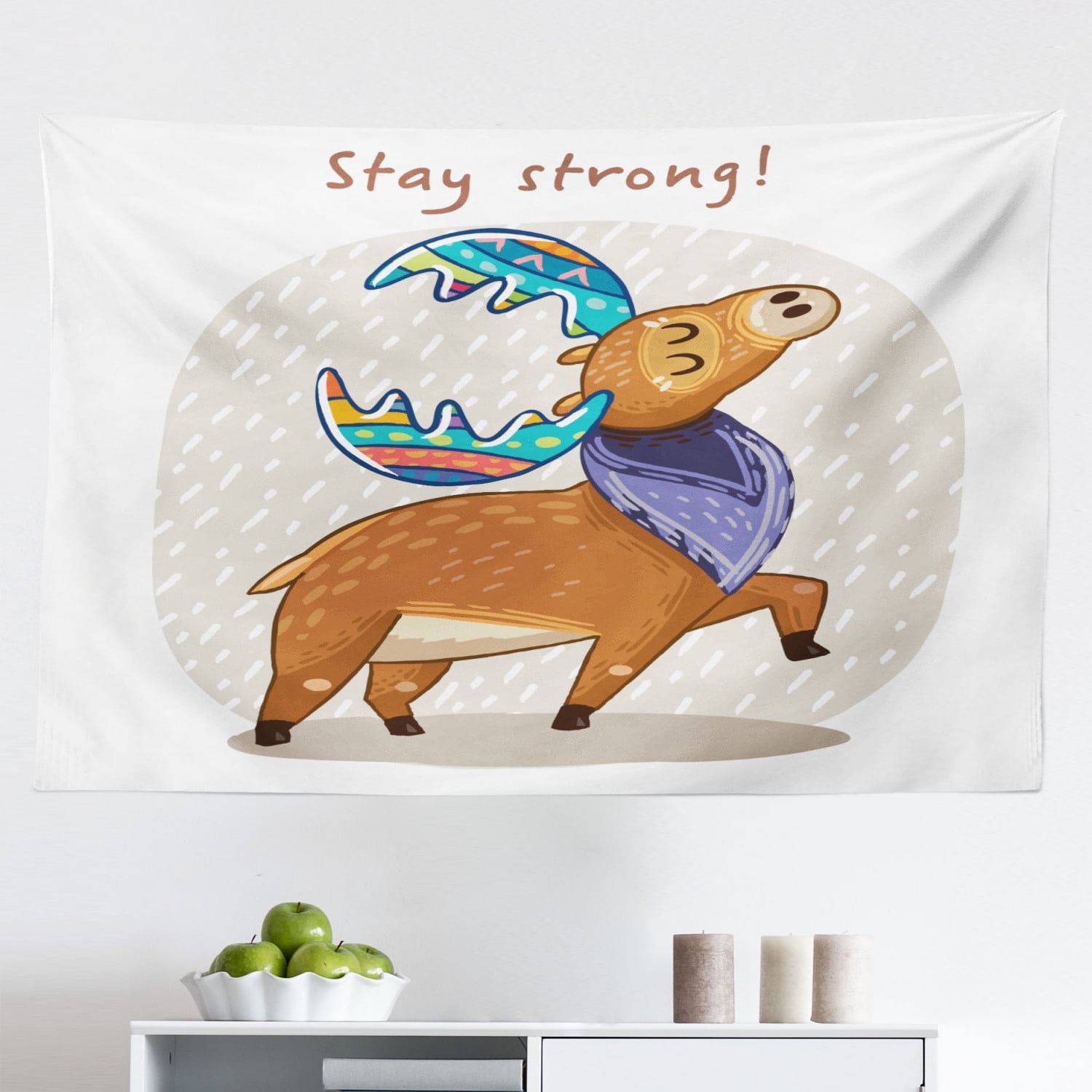 Moose Tapestry, Words Stay Positive Deer Boho Retro Colorful Antlers ...