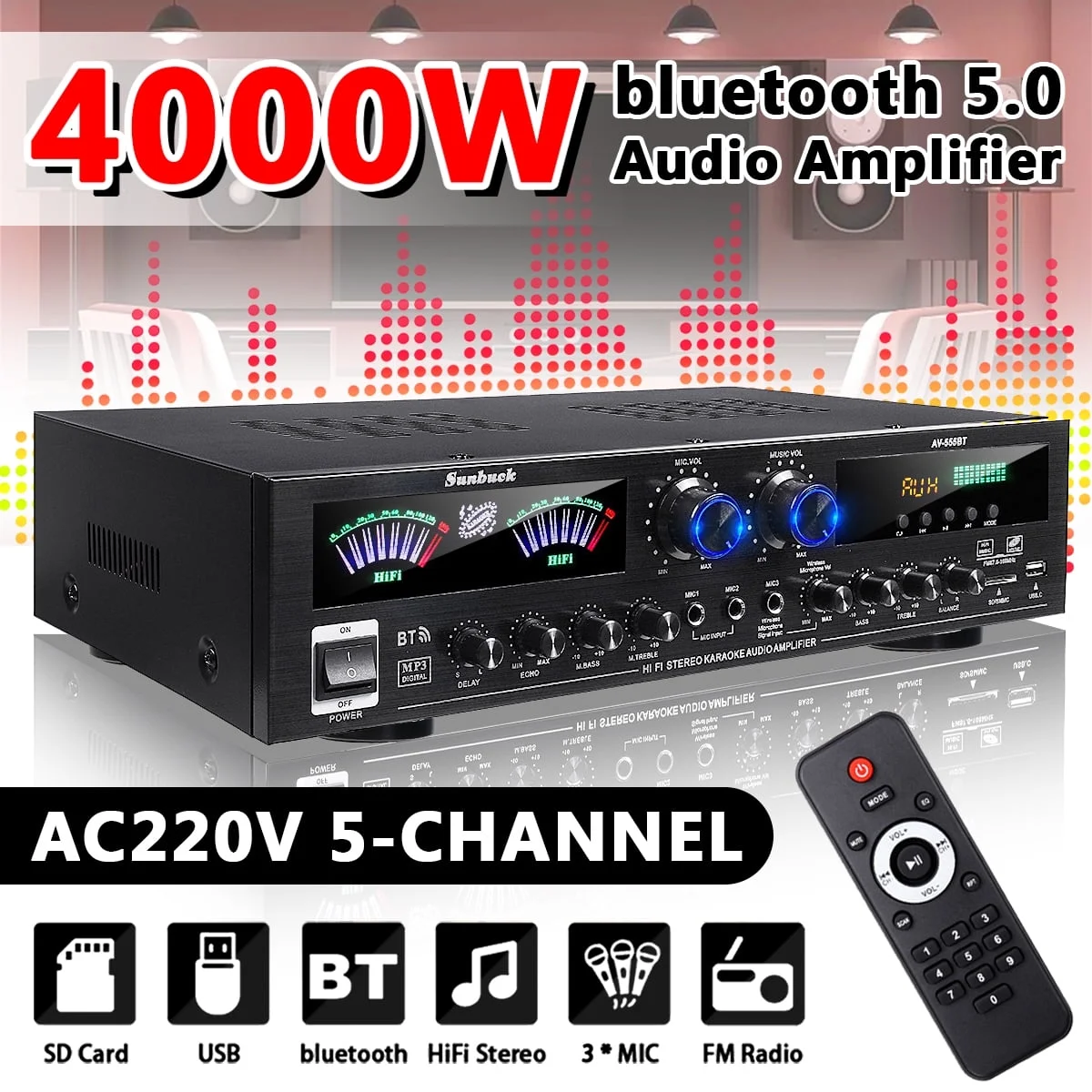 Open Box Sunbuck AV555BT 4000W Surround Sound Bluetooth Audio Power ...