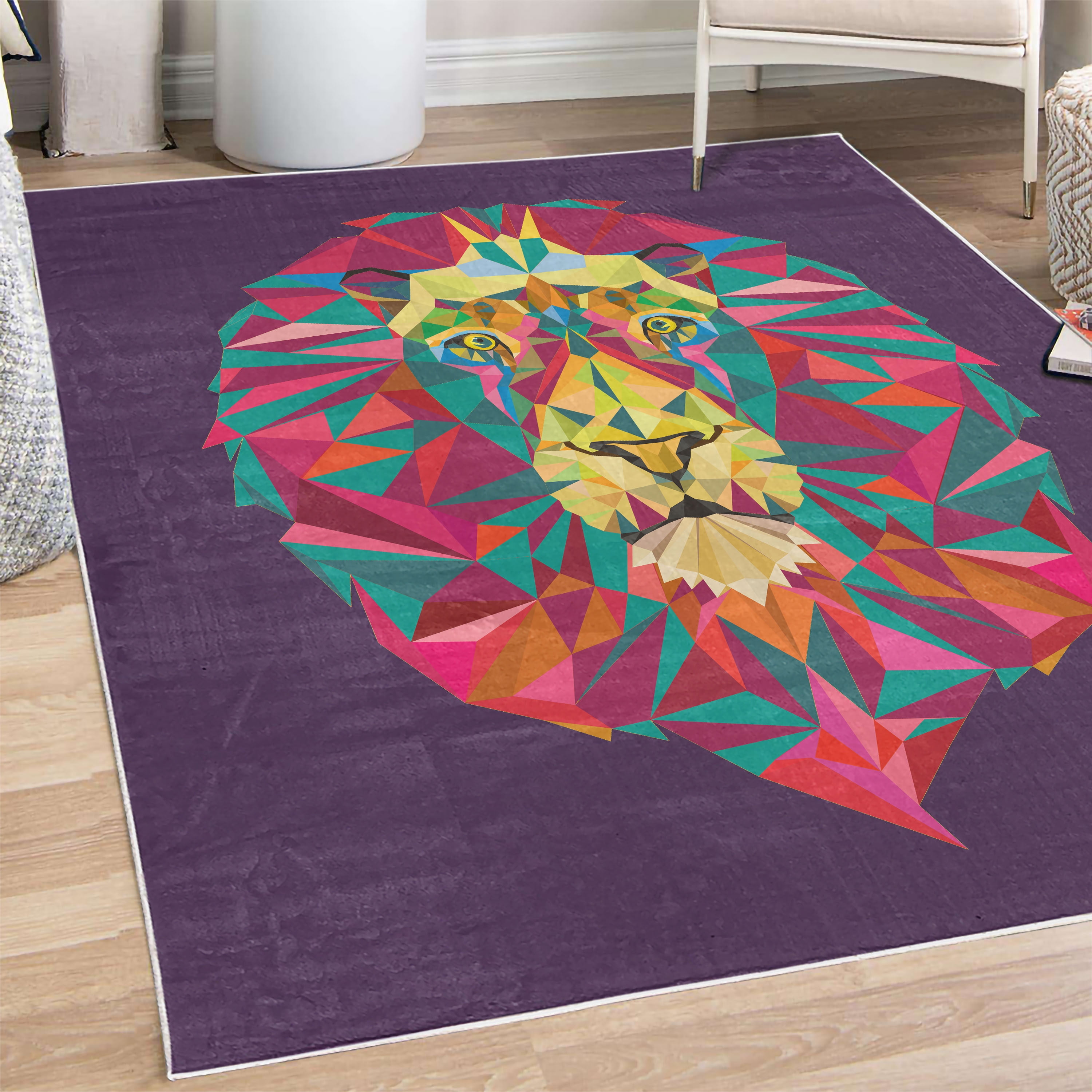 Zoo Decorative Rug, Colorful Animals Geometric Diamond Face Lions Mane ...
