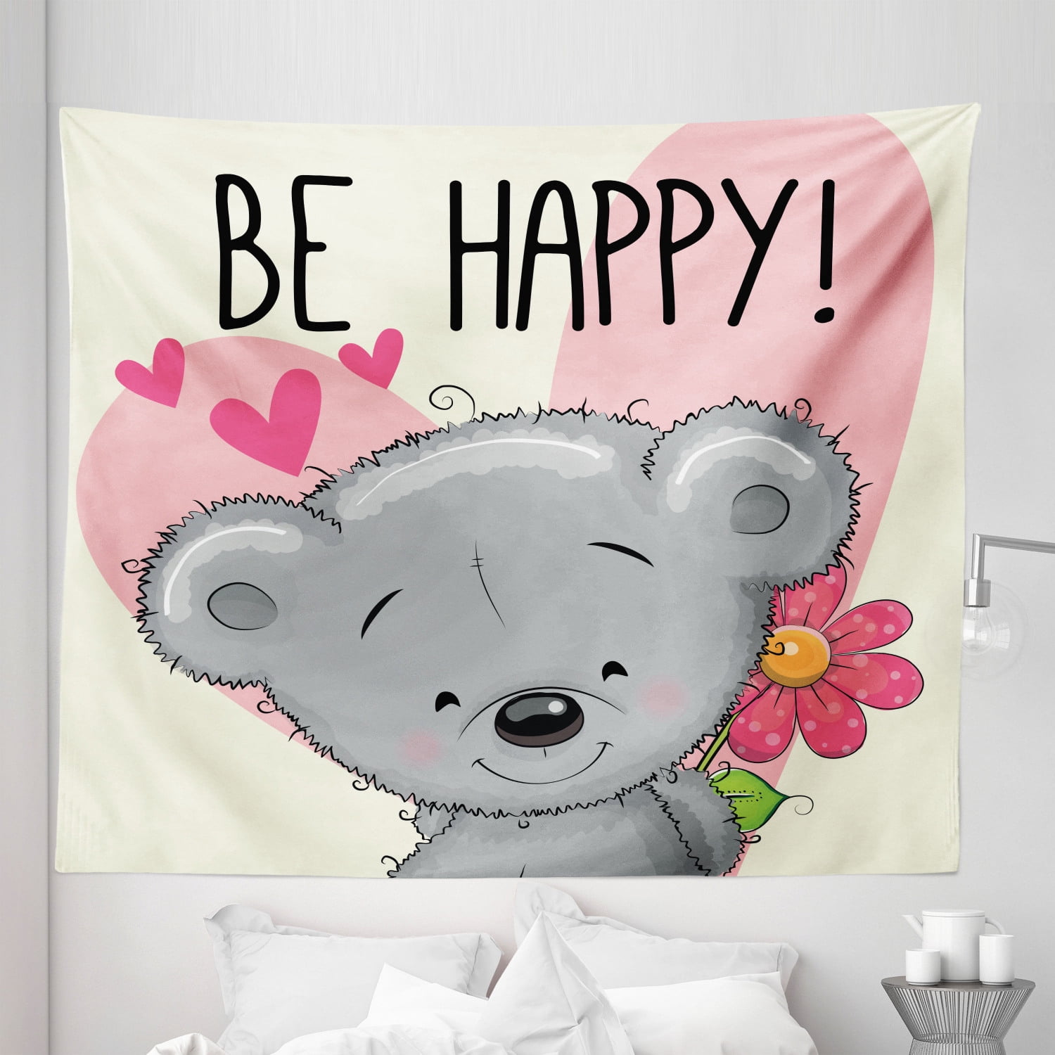 Be Happy Tapestry, Cartoon Style Smiling Teddy Bear Holding a Flower ...