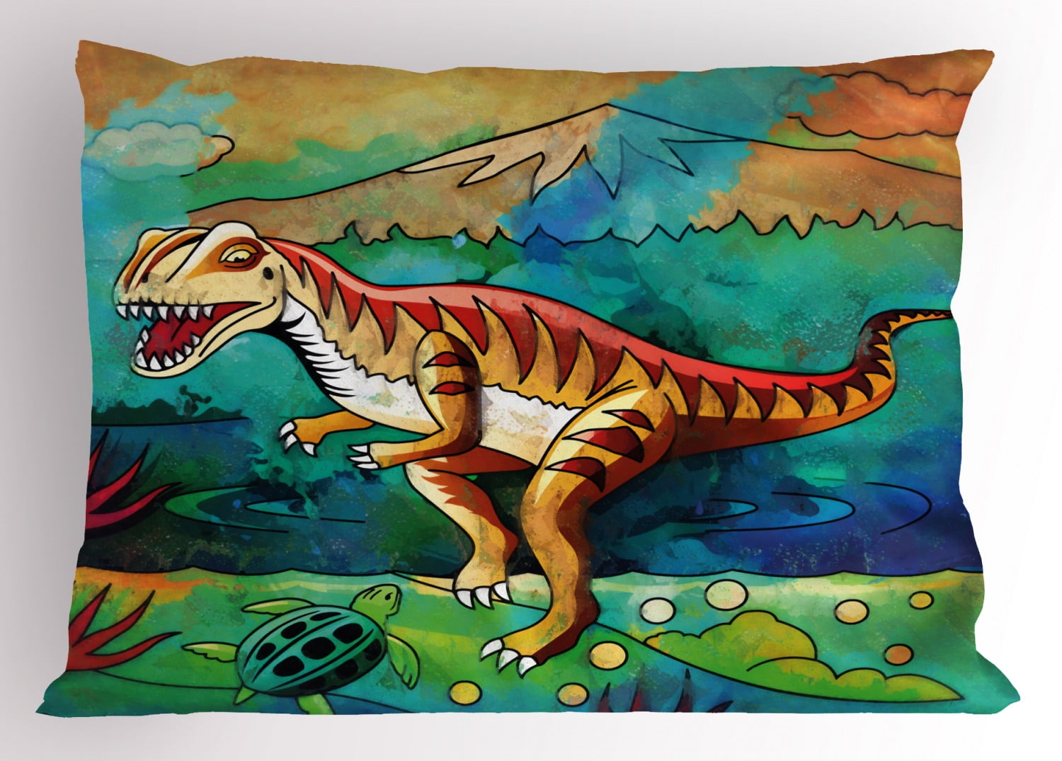 Dinosaur Pillow Sham Colorful Illustration of Velociraptor in ...