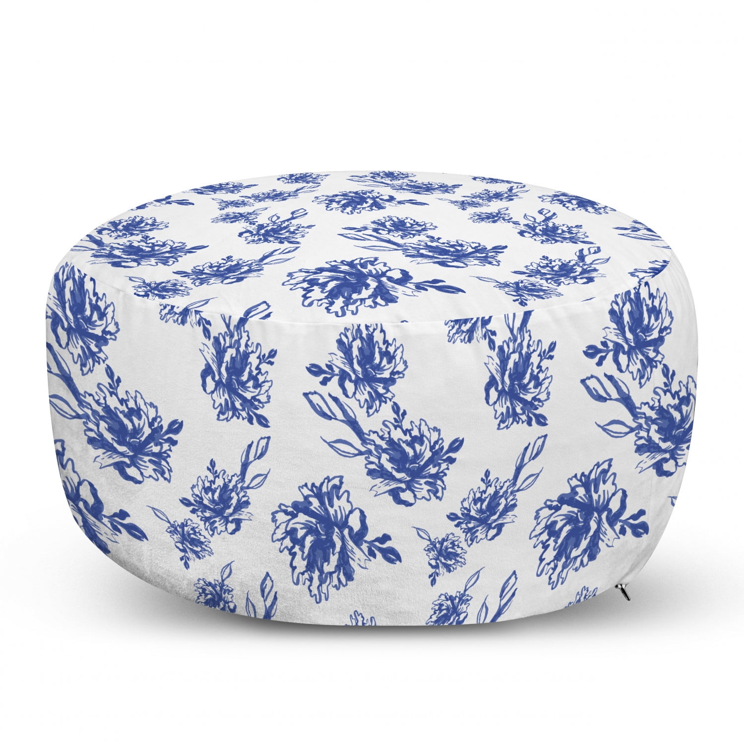 Floral Pouf Cover with Zipper, Rhythmic Abstract Blue Peonies Blossom ...