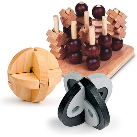 Sterling Games 3-in-1 Wooden Brain Teasers Puzzles and 3D Wooden Tic ...