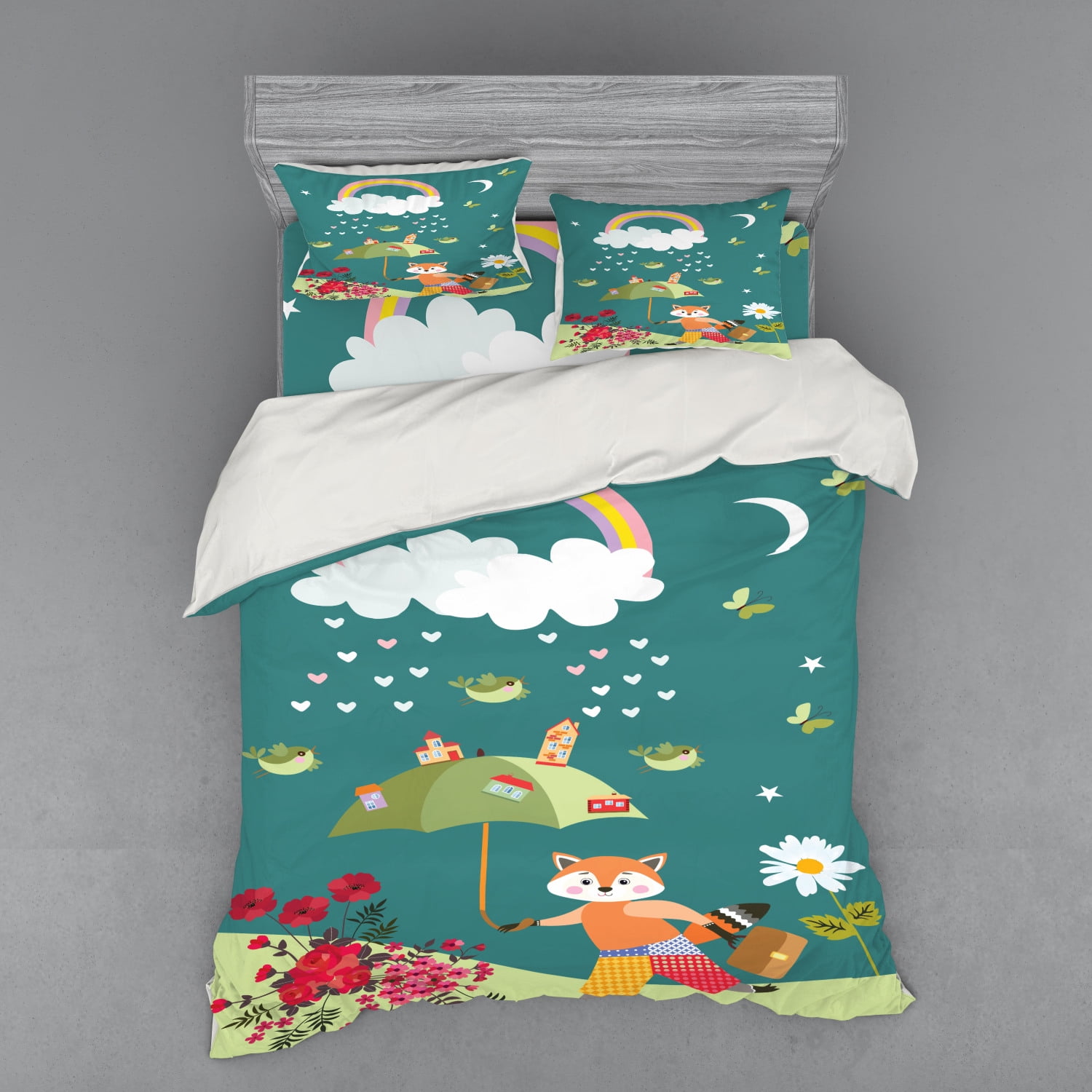 Ambesonne Fox Bedding Set 4 Pcs, Forest Animal Hearts Flowers, Queen ...