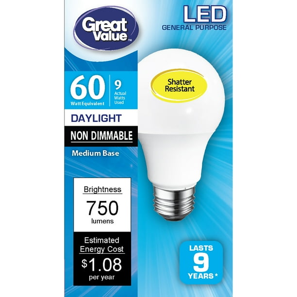 Great Value LED Light Bulb, 9 Watts (60W Equivalent) A19 General ... Great Value LED Light Bulb, 9 Watts (60W Equivalent) A19 General ...
