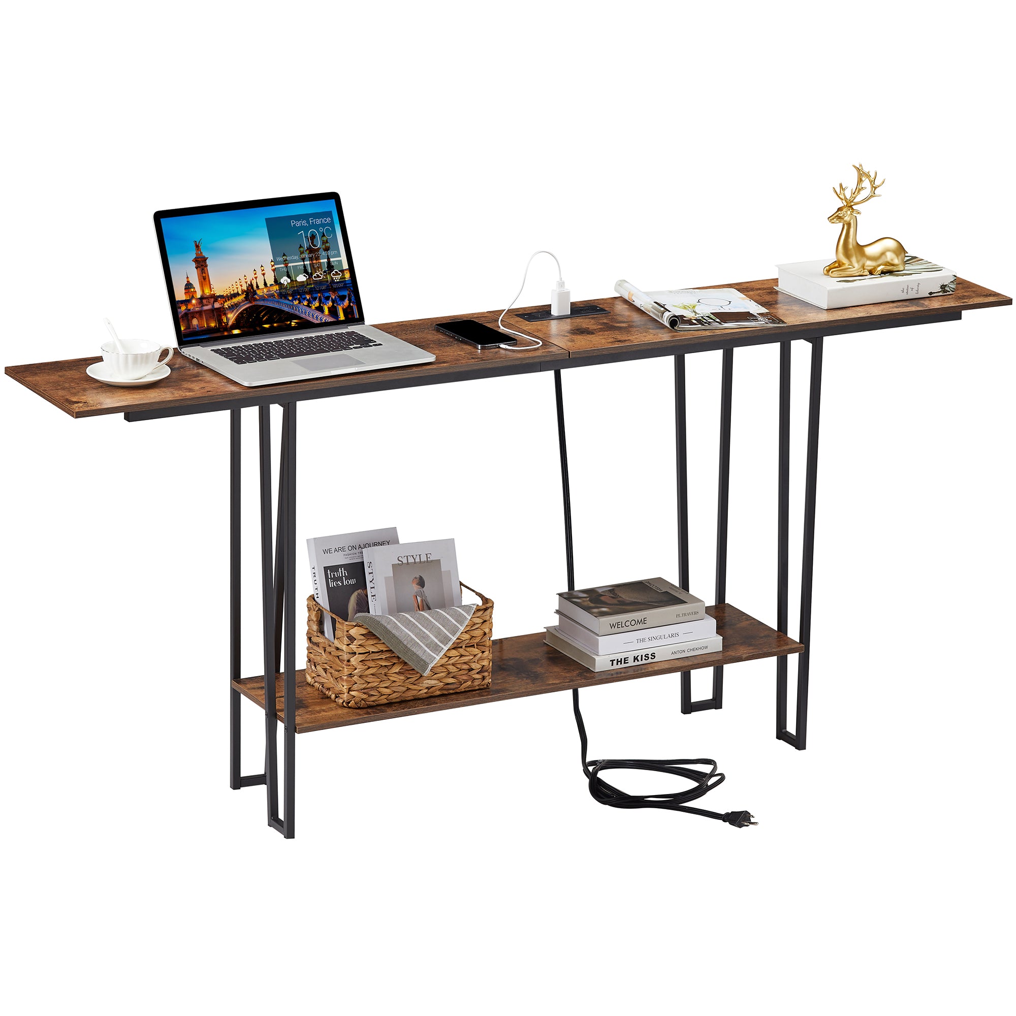 VECELO 55.1" Console Table with Charging Station, Industrial Sofa Table ...