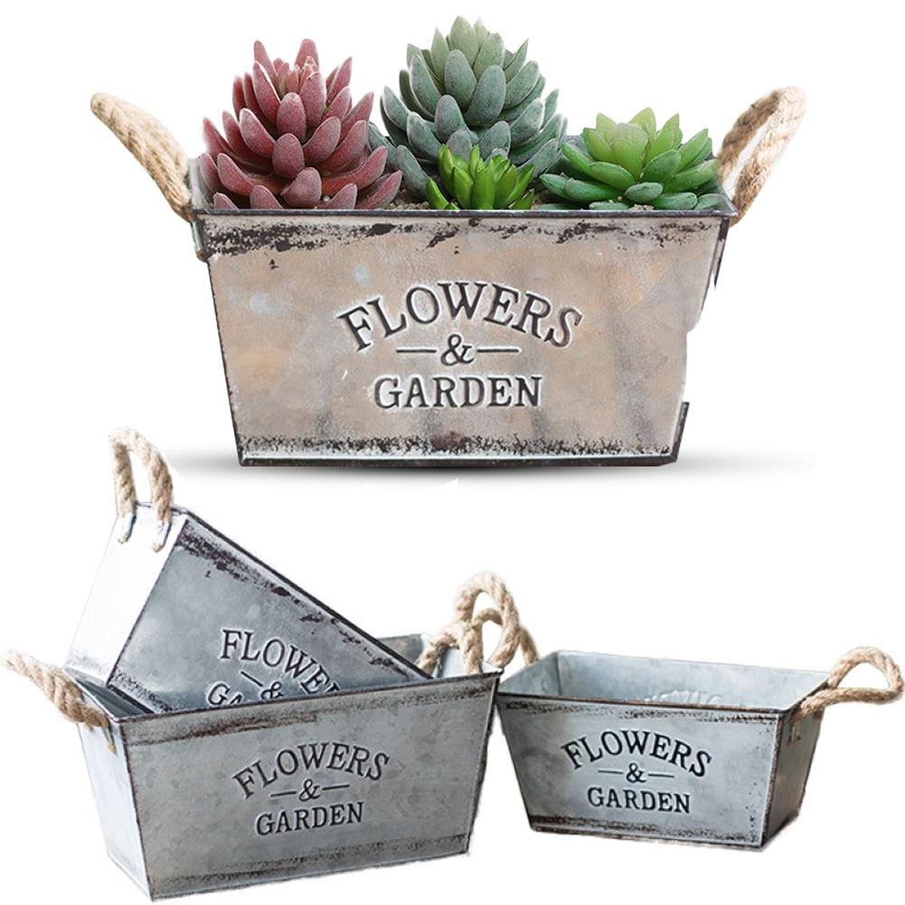 D-GROEE Rustic Succulent Planter Box Iron Flower Pot Twine Handles ...
