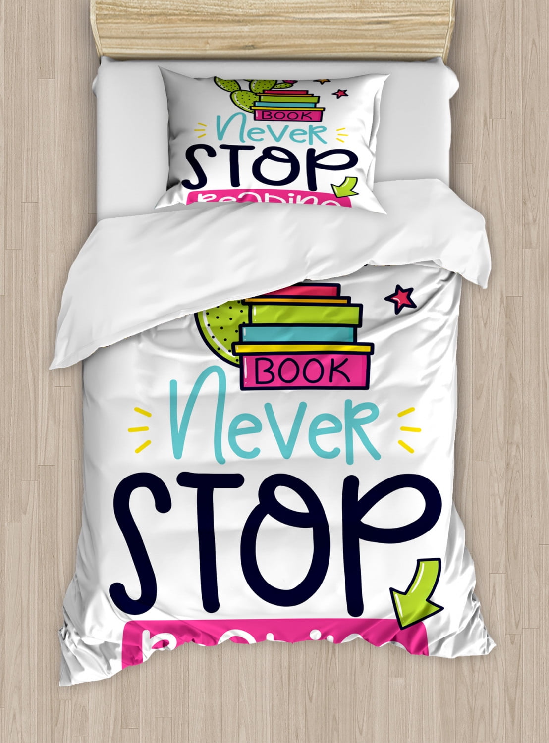 Book Duvet Cover Set Twin Size, Vivid Color Cactus and Stars Behind ...