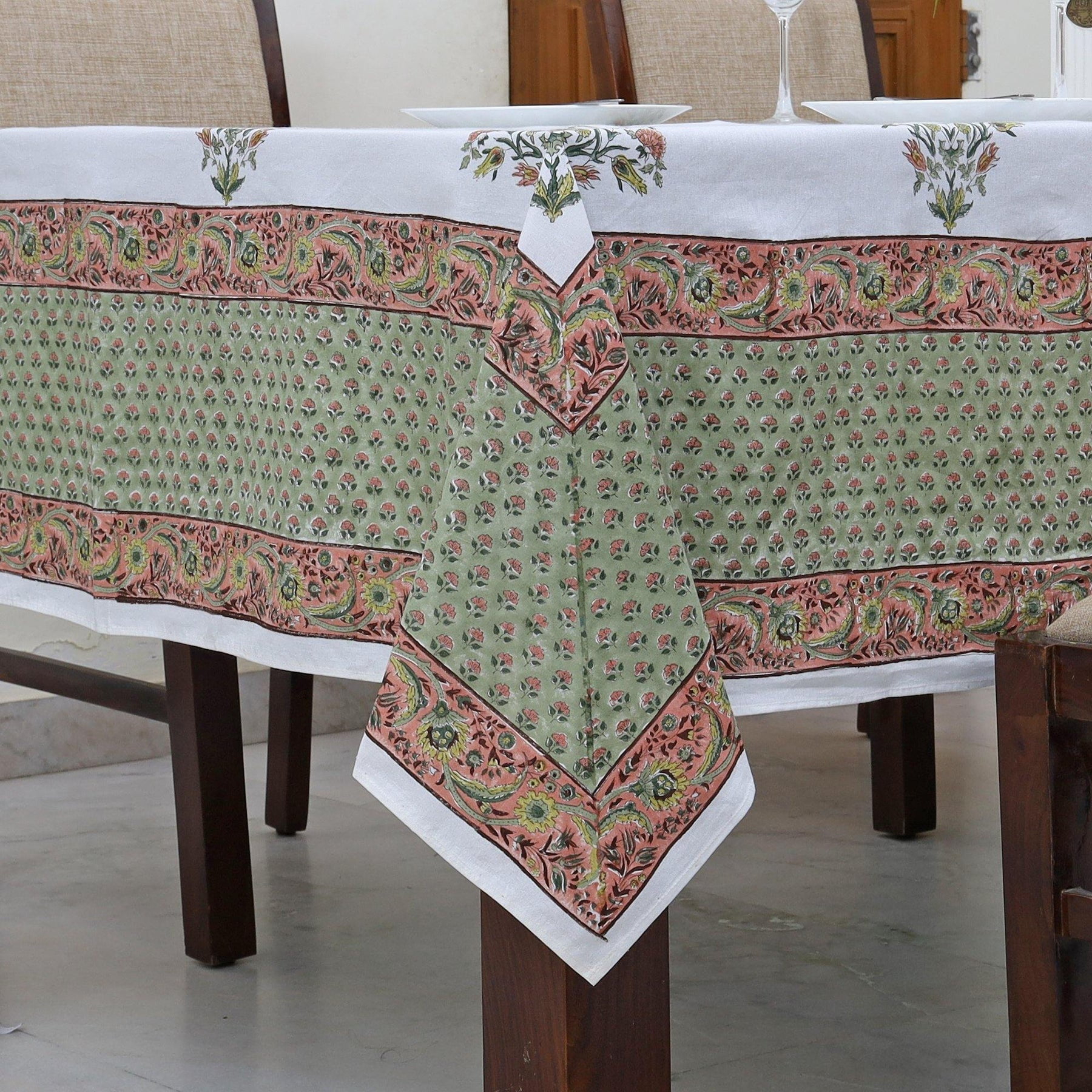 Sage Green Salmon pink on white Flower Design Hand Block Printed ...