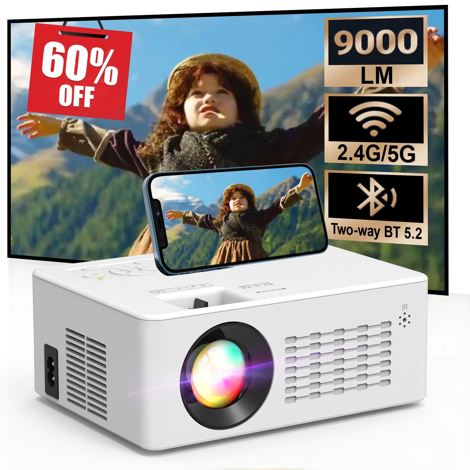 GCZ Portable 5G WiFi Projector with Bluetooth 5.2, 9000 LM HD Movie ...