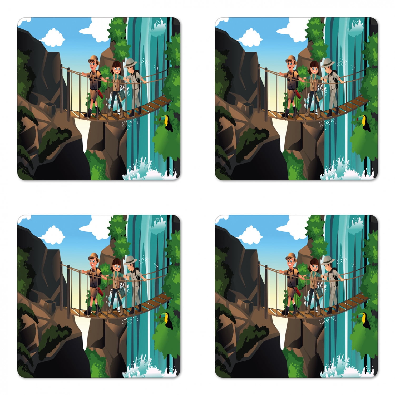 Travel Coaster Set of 4, Cartoon Style Illustration of 3 Happy and ...