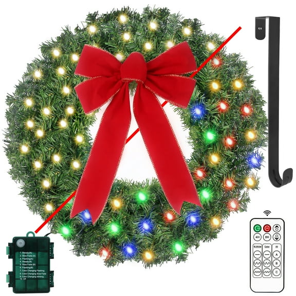 24 Inch Battery Operated LED Christmas Wreath with Timer, Red Berries ...