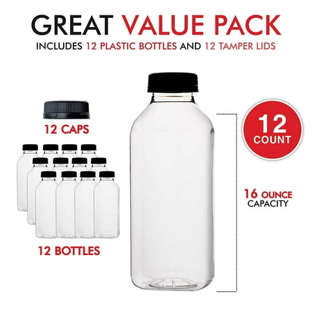 Plastic 16oz Reusable Juice Bottles with Caps, 12 Pack, Clear Smoothie ...