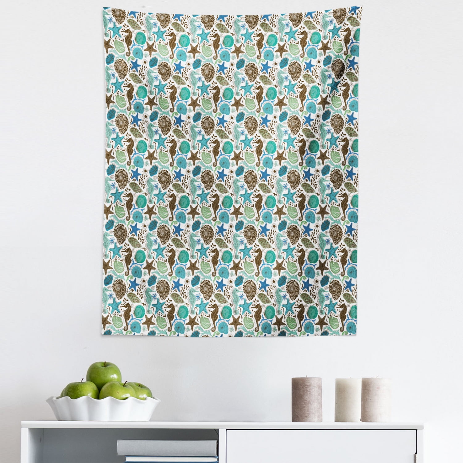 Sea Shells Tapestry, Maritime Art with Seahorse and Starfishes Hand ...