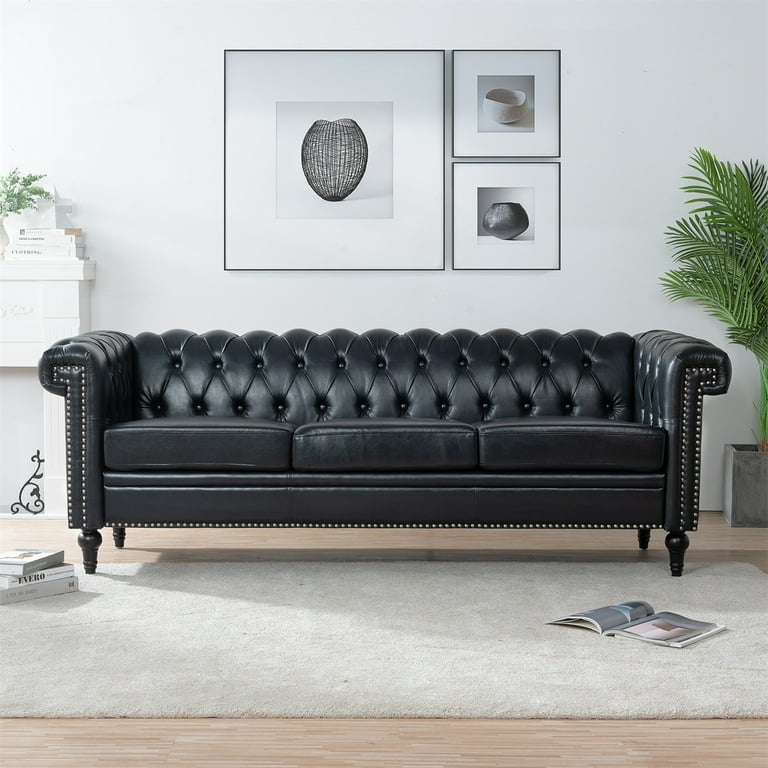 Traditional 3 Seat Sofa with Square Arms and Removable Cushion Black
