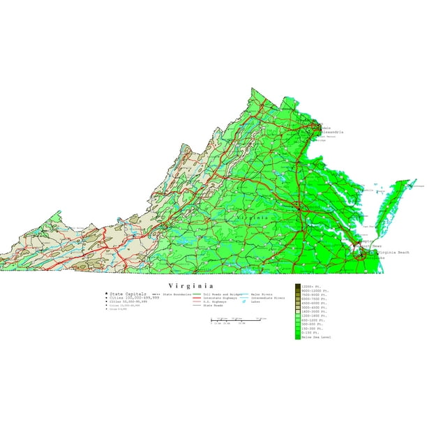 Contour elevation Map of Virginia Poster 20 x 30-20 Inch By 30 Inch ...