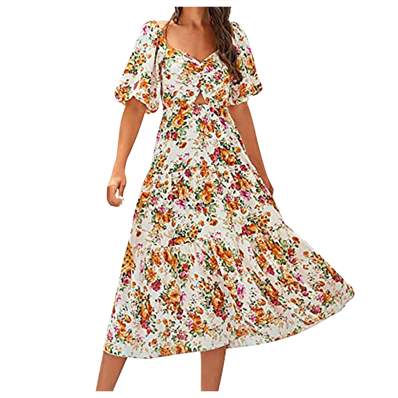 YanHoo Womens Boho Summer Dresses Puff Short Sleeve Square Neck Smocked ...