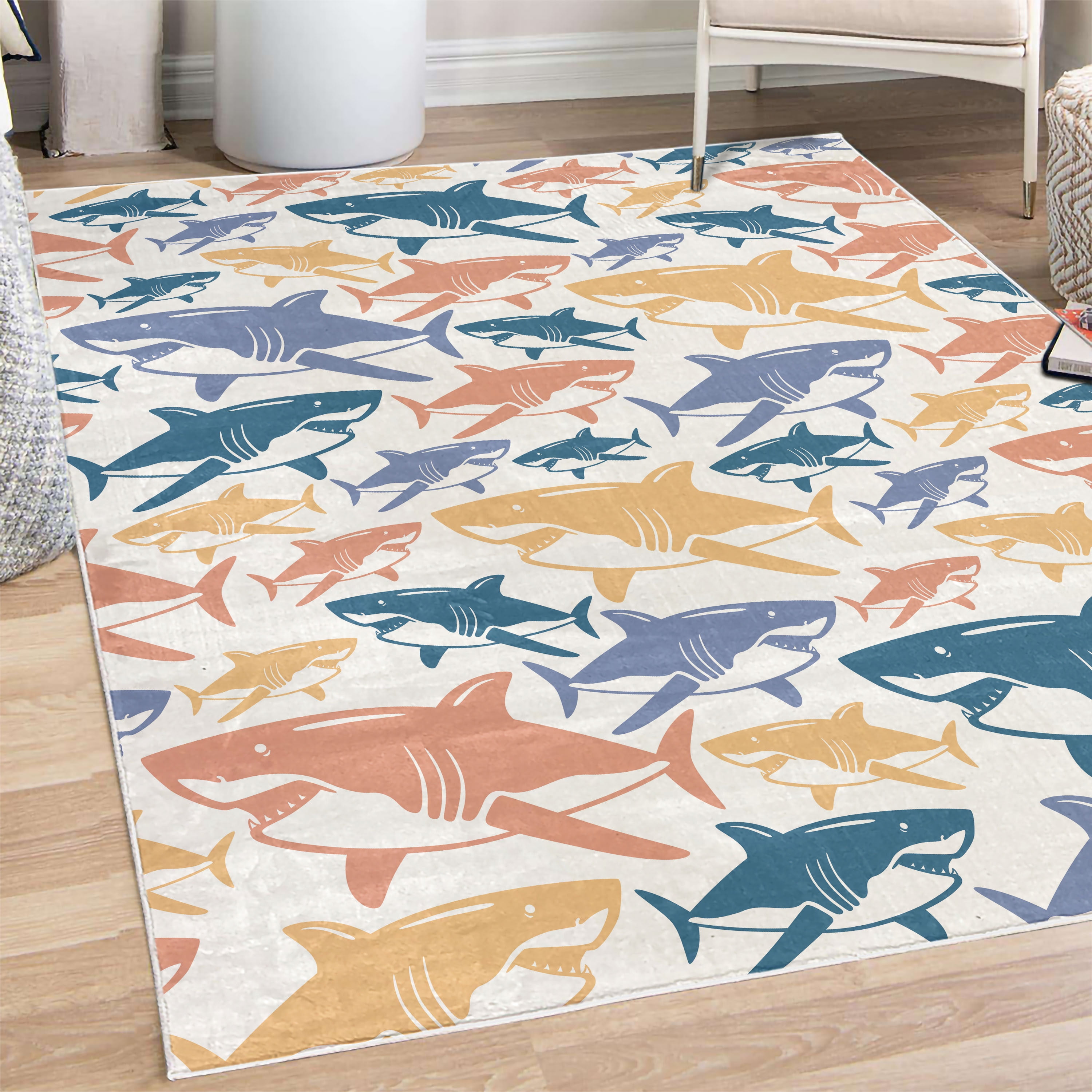 Shark Decorative Rug, Colorful Underwater Fish Pattern Masters Survival ...