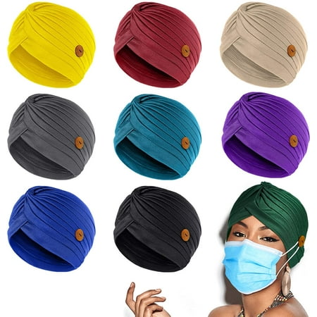 Turbans Cap with Button Women Pre-Tied Knot Pleated Headwrap Beanie ...