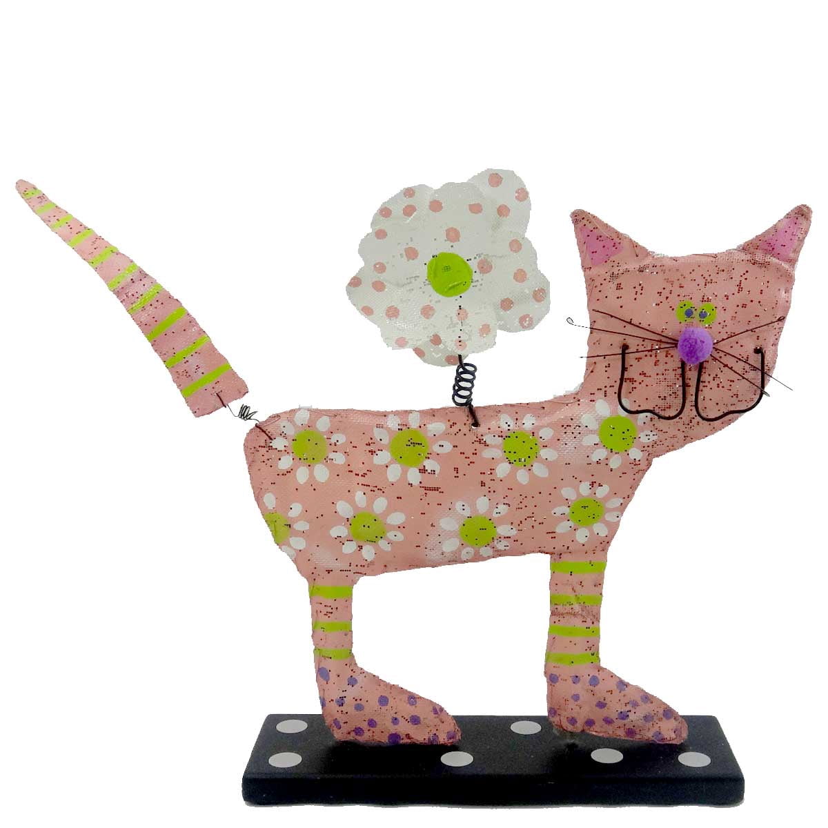 Peri Woltjer PINK CAT FIGURINE Metal Screen/Wood Animal Kitten Flower ...