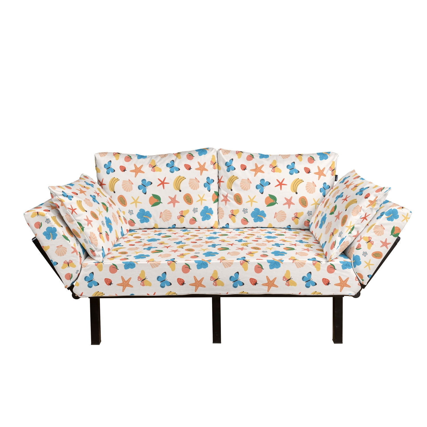 Summer Futon Couch, Cartoon Style Tropical Fruits Butterflies Exotic ...