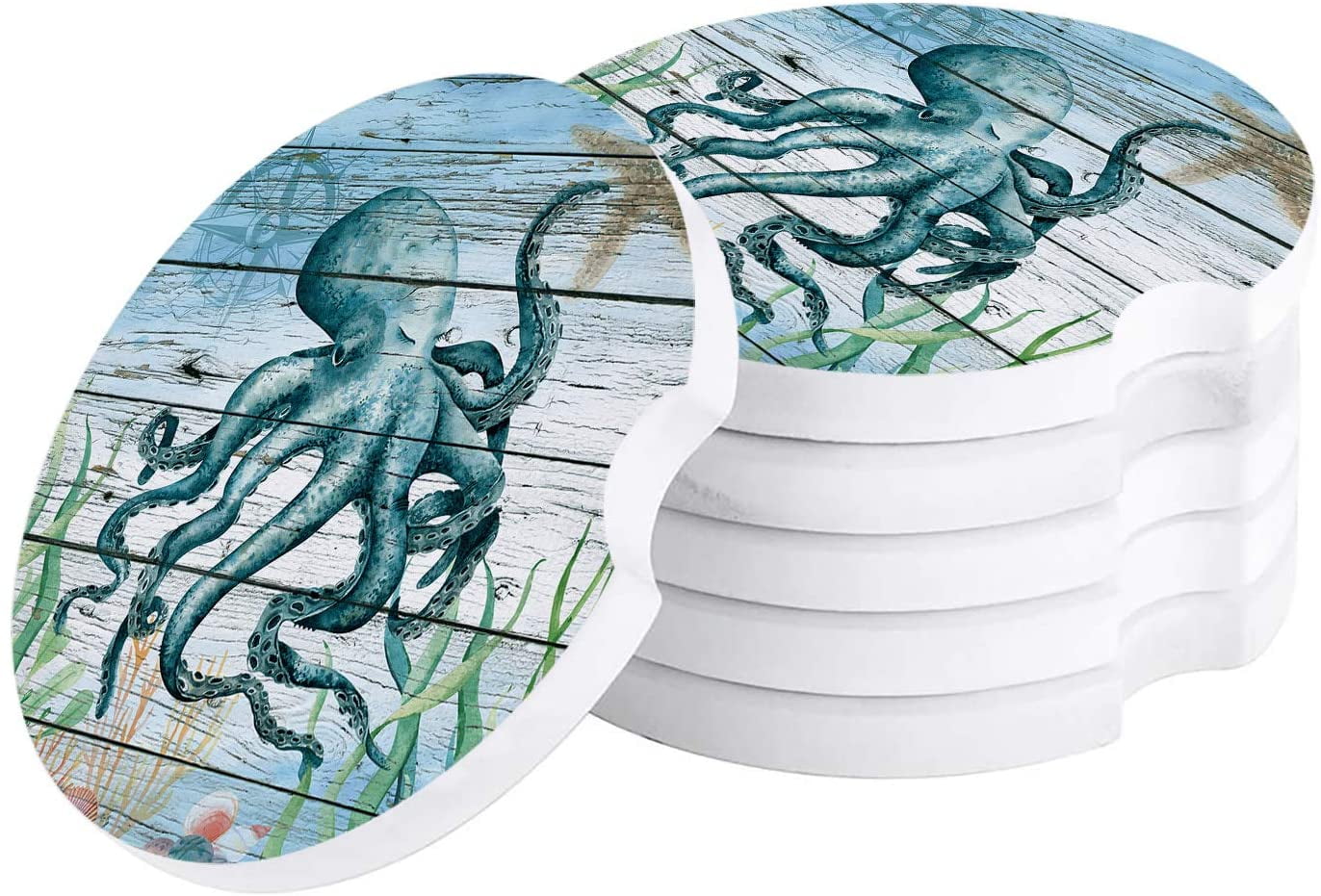 FMSHPON Theme Octopus Wood Grain Set of 2 Car Coaster for Drinks ...