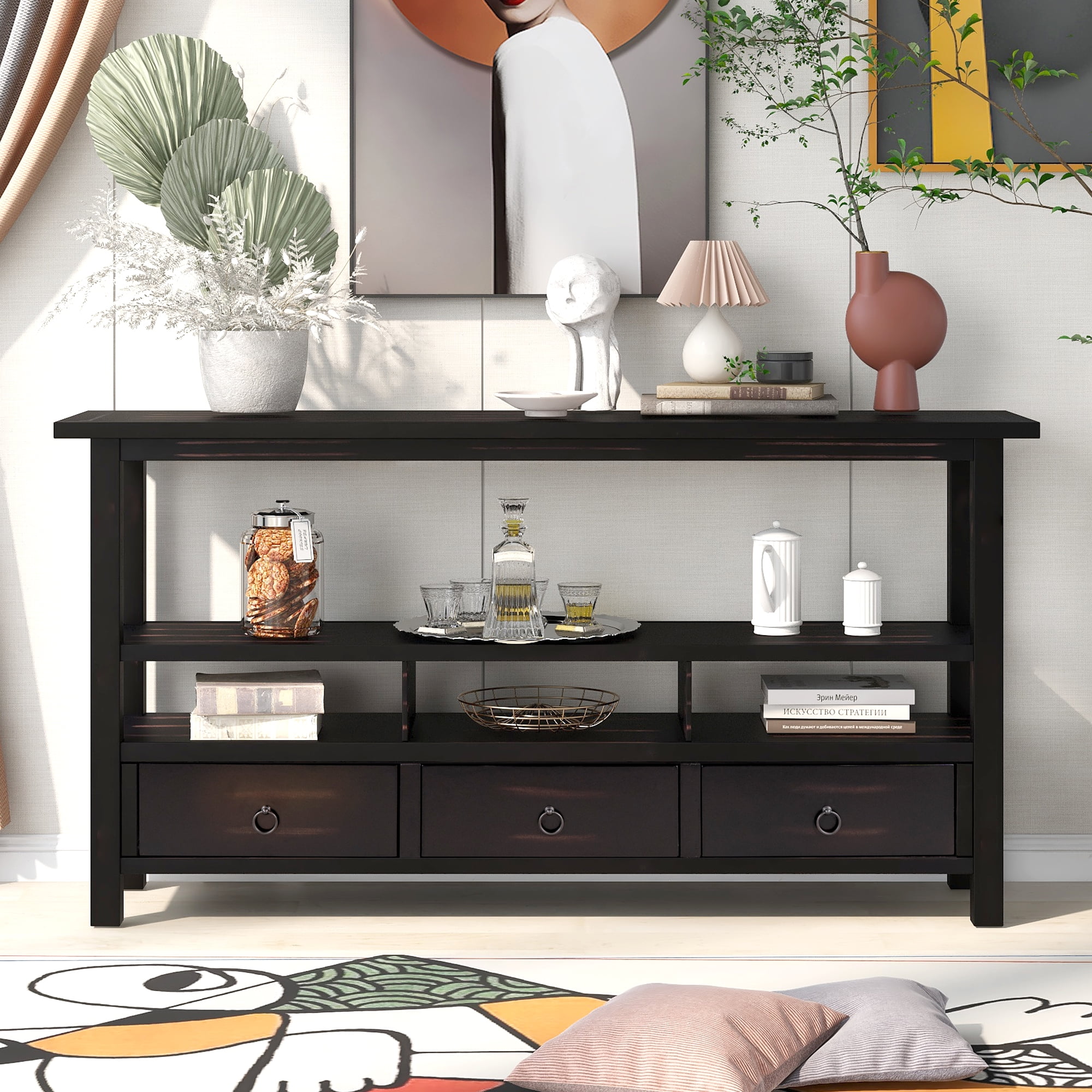 Console Table with Drawers and Double-Storey, Modern Sofa Table with 3 ...