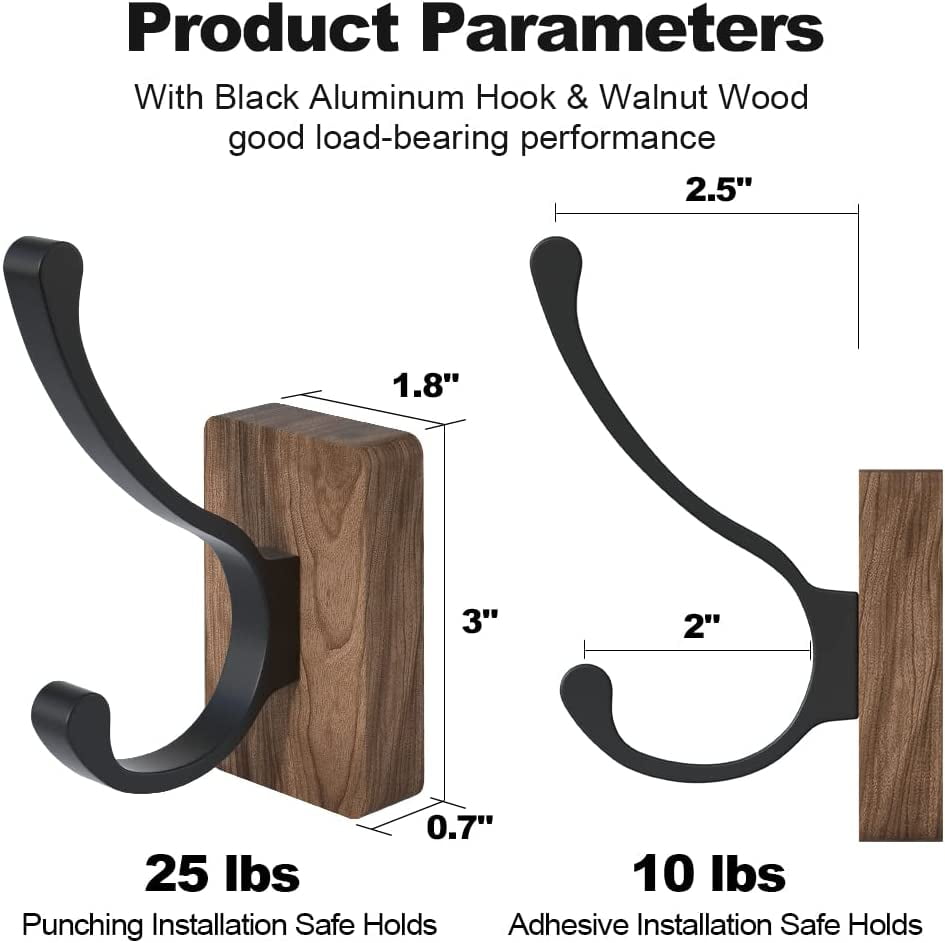 4 PCS Black Walnut Wood Wall Hooks, Adhesive Mounted & Wall Mounted ...