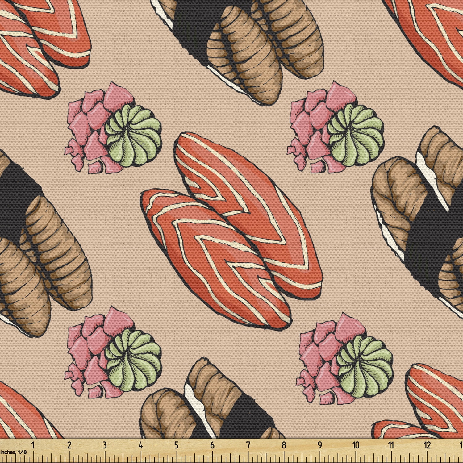 Sushi Fabric by the Yard, Rhythmic Sushi Rolls and Sashimi Japanese ...