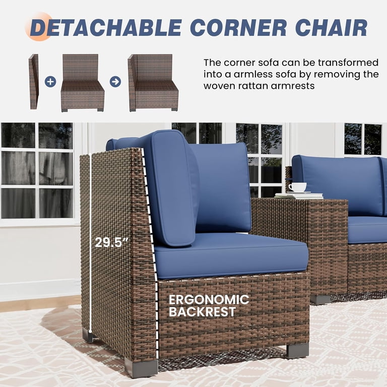 ELPOSUN 6-Piece Outdoor Sectional Sofa Set, Brown Rattan, Blue Cushions ...