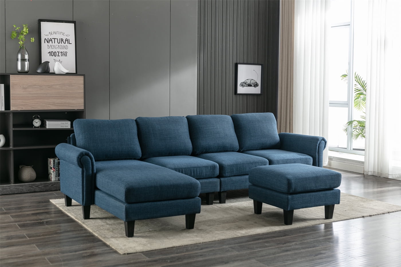 L Shape Sectional Sofa with Removable Ottoman, Modern Linen Fabric ...