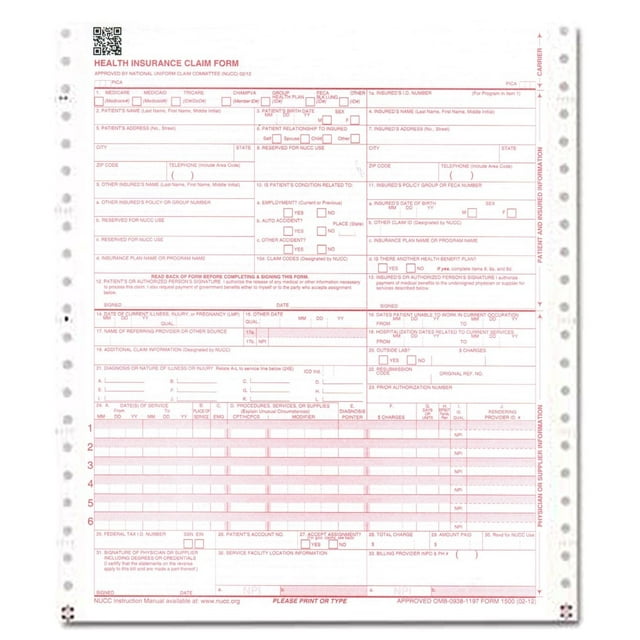 CMS 1500 Medical Claim Forms, 1 Part Continuous White, 9 1/2 X 11 ...
