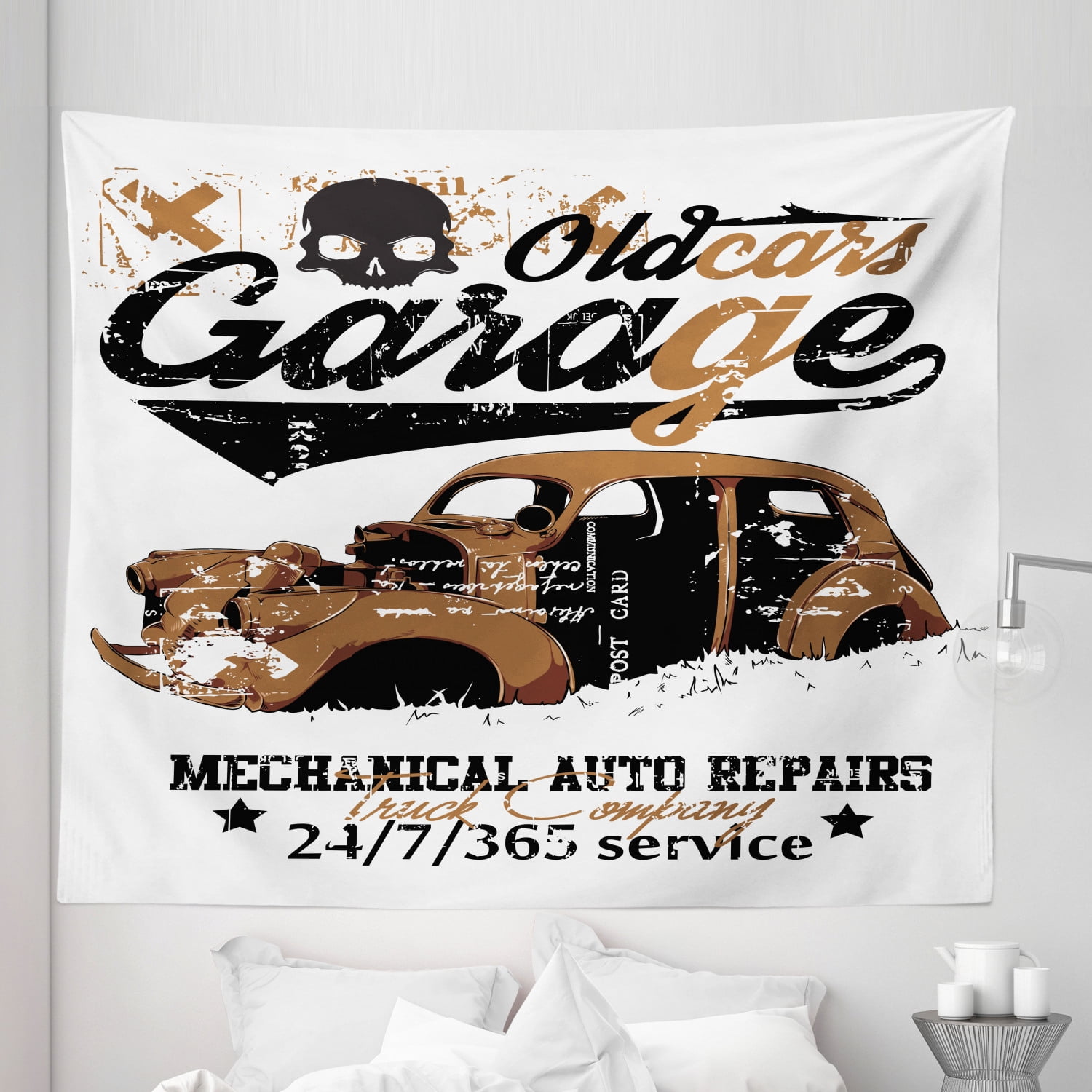 Cars Tapestry, Old Garage Mechanical Auto Repairs Truck Company Skull ...