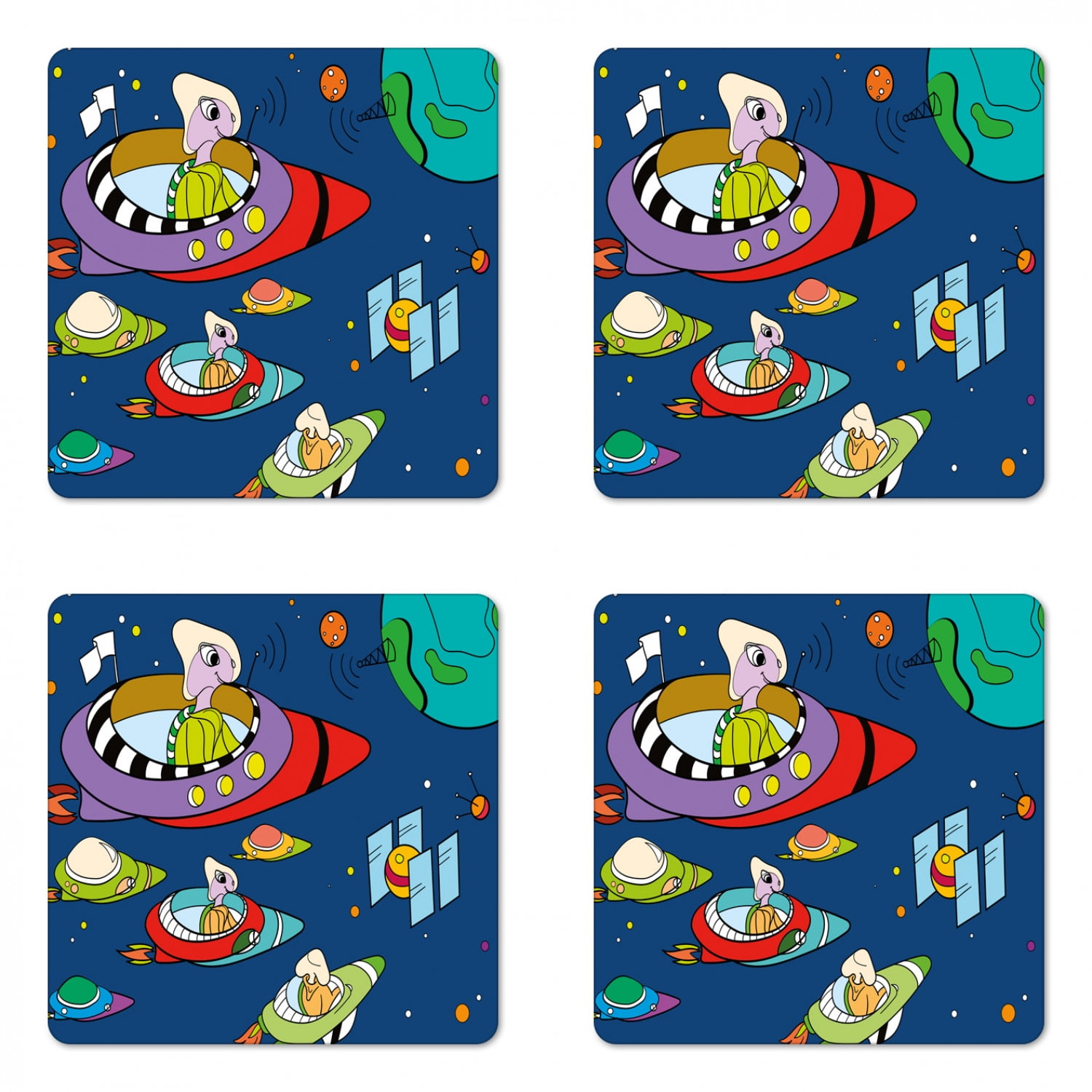 Alien Coaster Set of 4, Cartoon Style Illustration of Planets ...