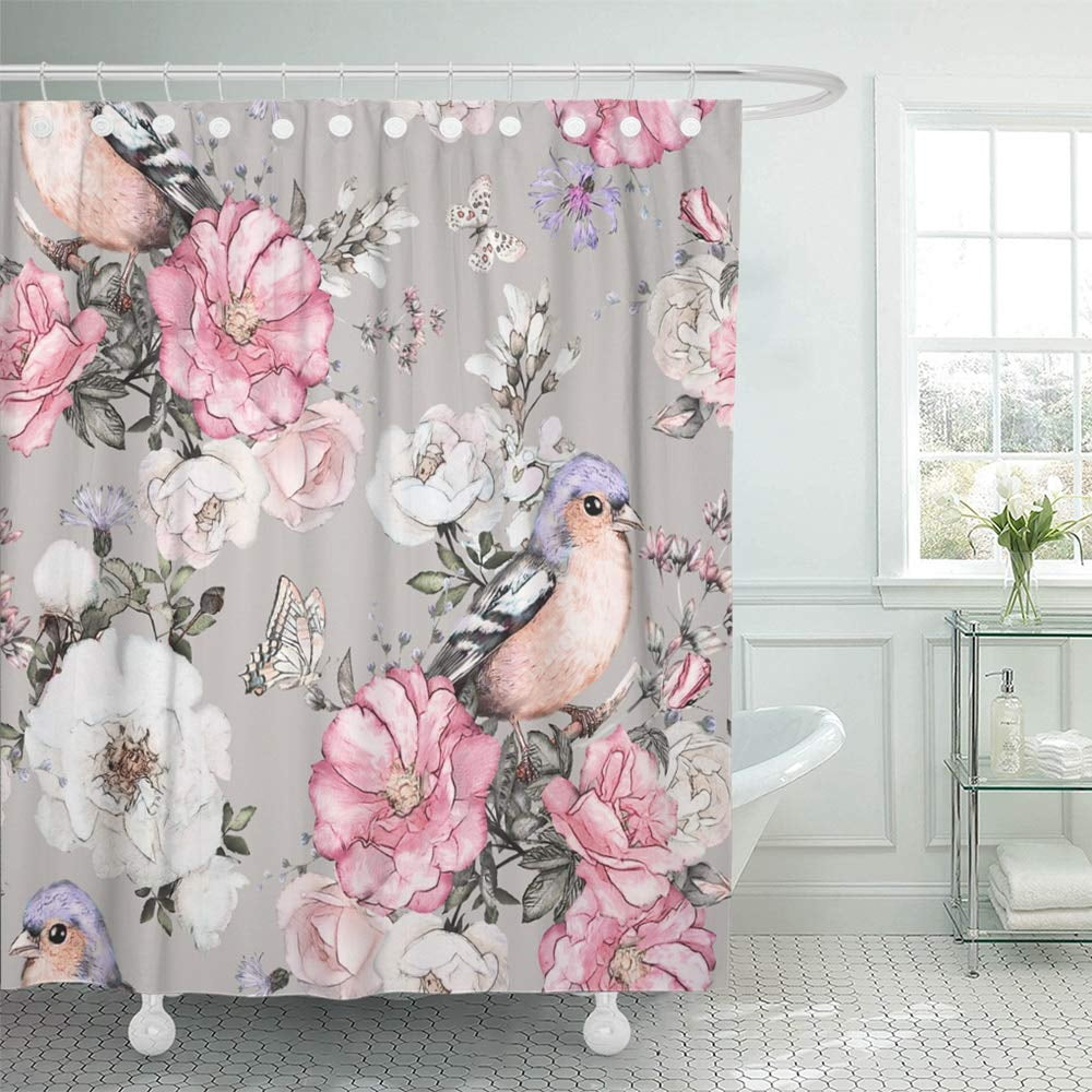 Ksadk Pink Flowers Bird Finch And Leaves On Gray Watercolor Floral Rose