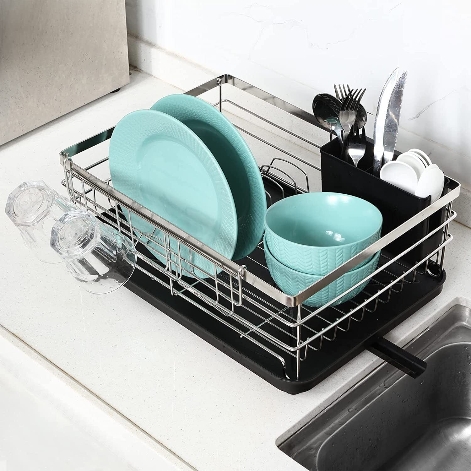 Dish Drying Rack Steel Dish Drainer w/Utensil Holder Removable Drainer ...