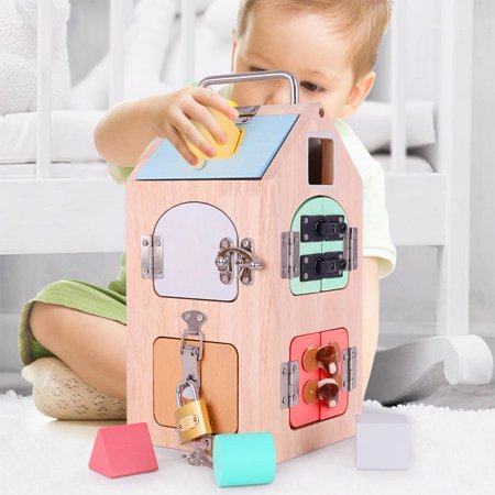 Wooden Unlock Toy Wooden Activity Board House Toys Basic Skills Buckle ...