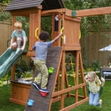 KidKraft Raptor Trail Wooden Outdoor Swing Set with Wavy Slide and Rock ...