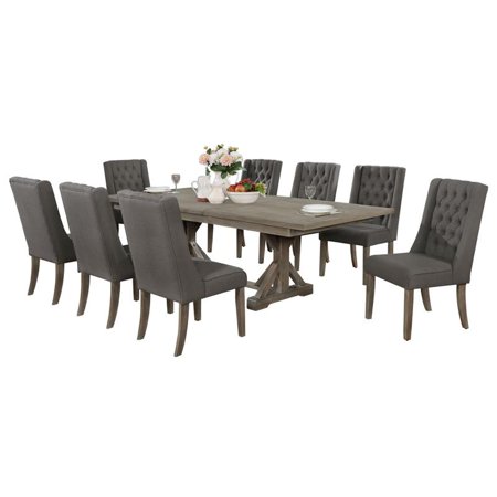 Rustic 9pc Dining Set with Gray Linen Chairs and Extendable Wood Dining ...