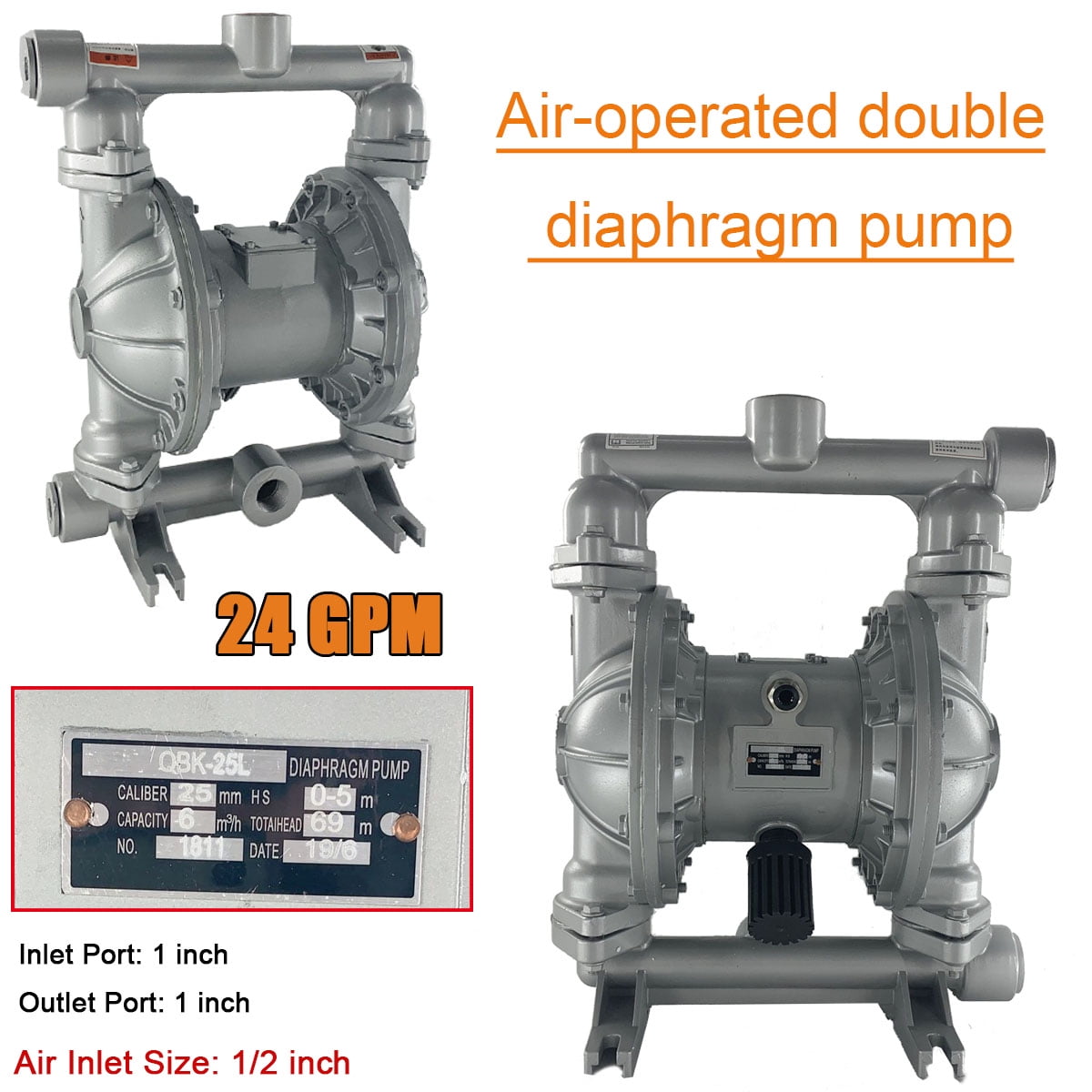 24GPM Aluminum Pneumatic Double Diaphragm Pump 1" Inlet Outlet QBK-25L ...
