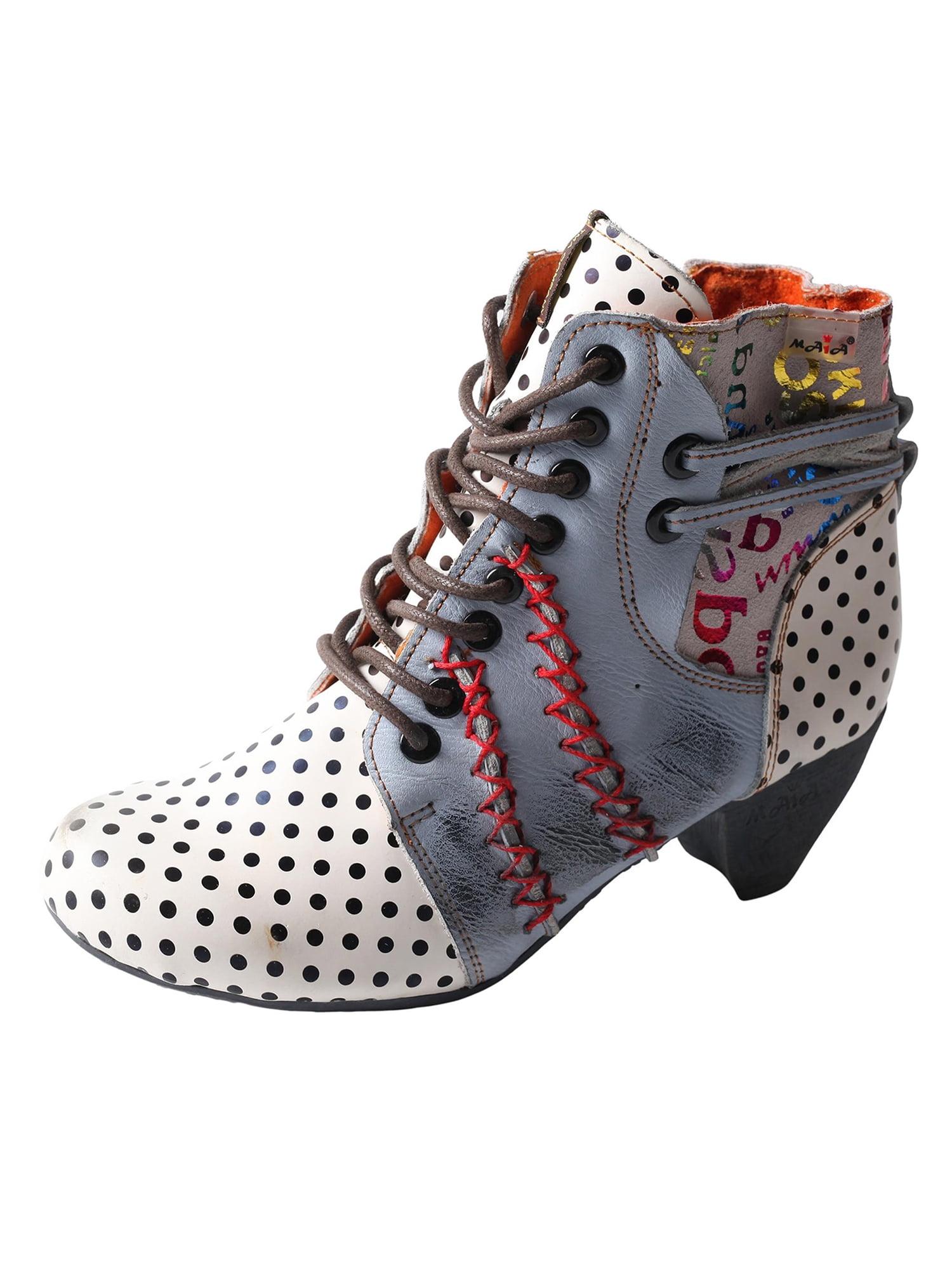TMA EYES Polka Dot Leather Women Boots with Moccasin Hand Stitching ...