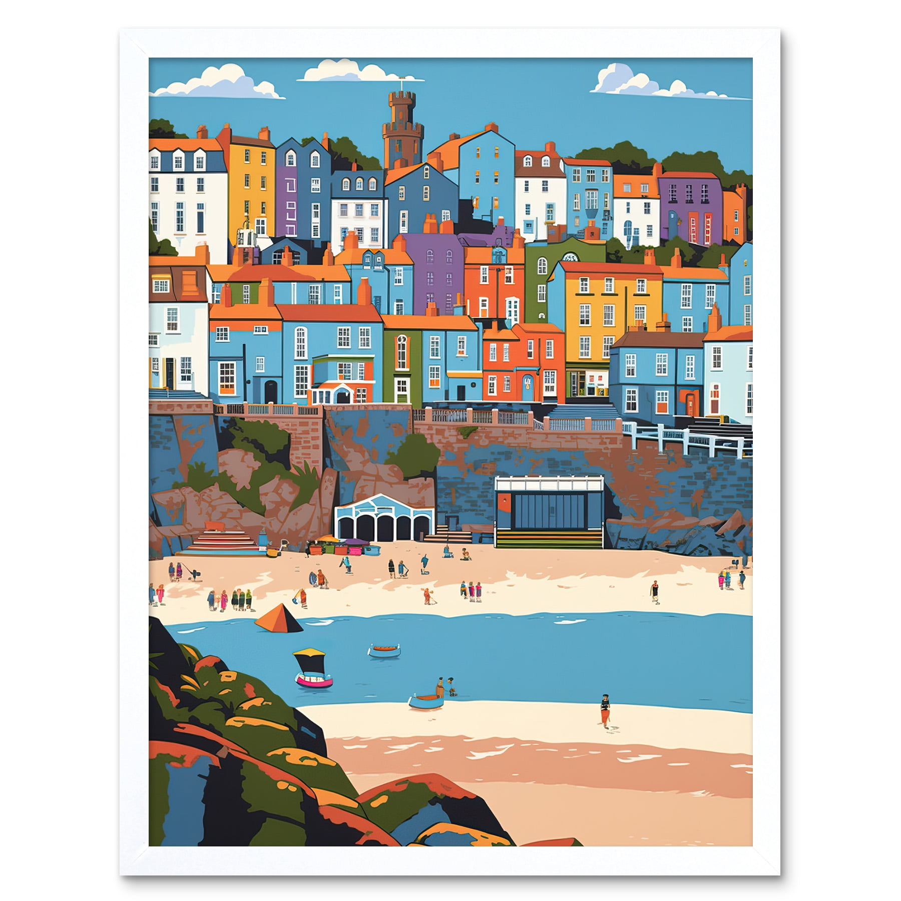 Tenby Castle Beach in Wales Colourful Townscape Art Print Framed Poster ...