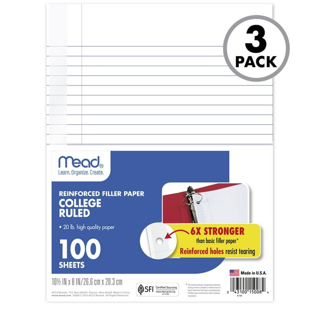 Mead Reinforced Filler Paper, College Ruled, 10 1/2" x 8", 100 Sheets ...