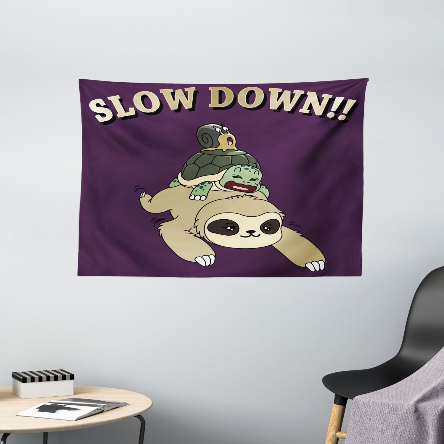 Sloth Tapestry, Funny Cartoon Scenery with Sloth Turtle Snail on Top of ...