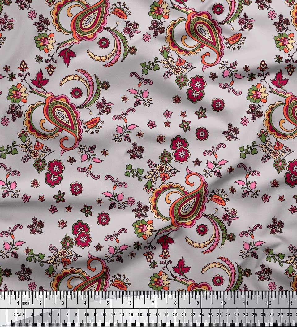 Soimoi Grey Modal Satin Fabric Floral & Paisley Print Fabric by the ...