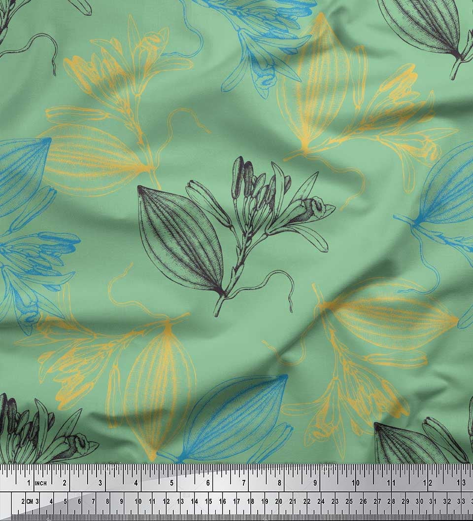 Soimoi Green Silk Fabric Leaves & Sketch Floral Fabric Prints by Yard ...