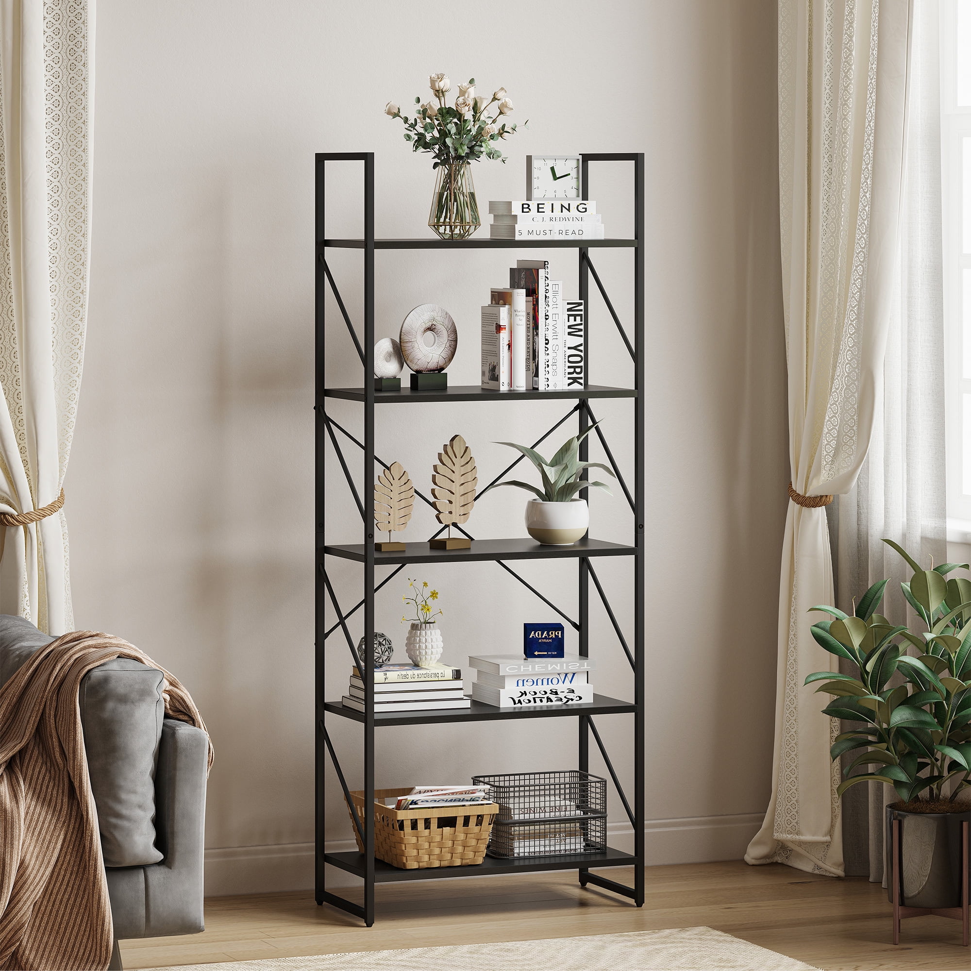 Dextrus 5-Tier Bookshelf Sturdy Wood Storage Bookcase Shelves with ...
