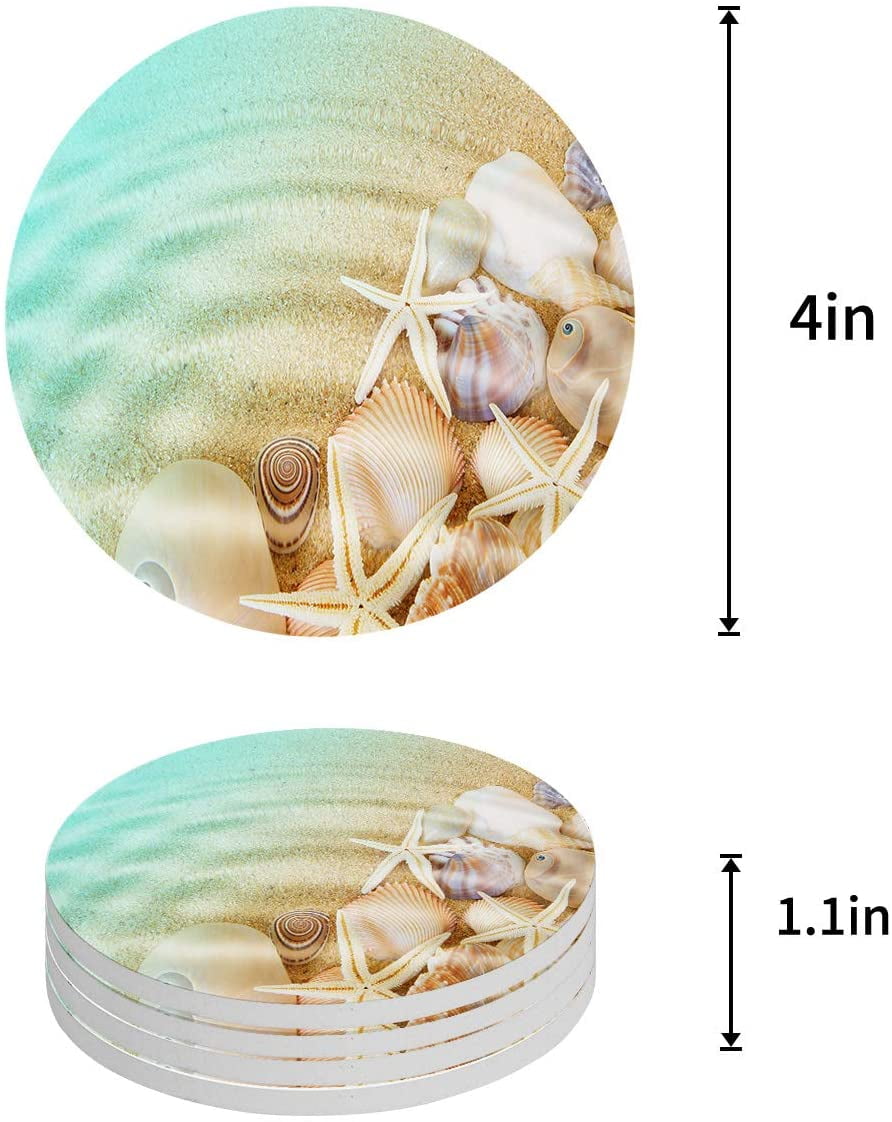 ZHANZZK Starfish Seashell Sandy Beach Theme Set of 4 Round Coaster for ...
